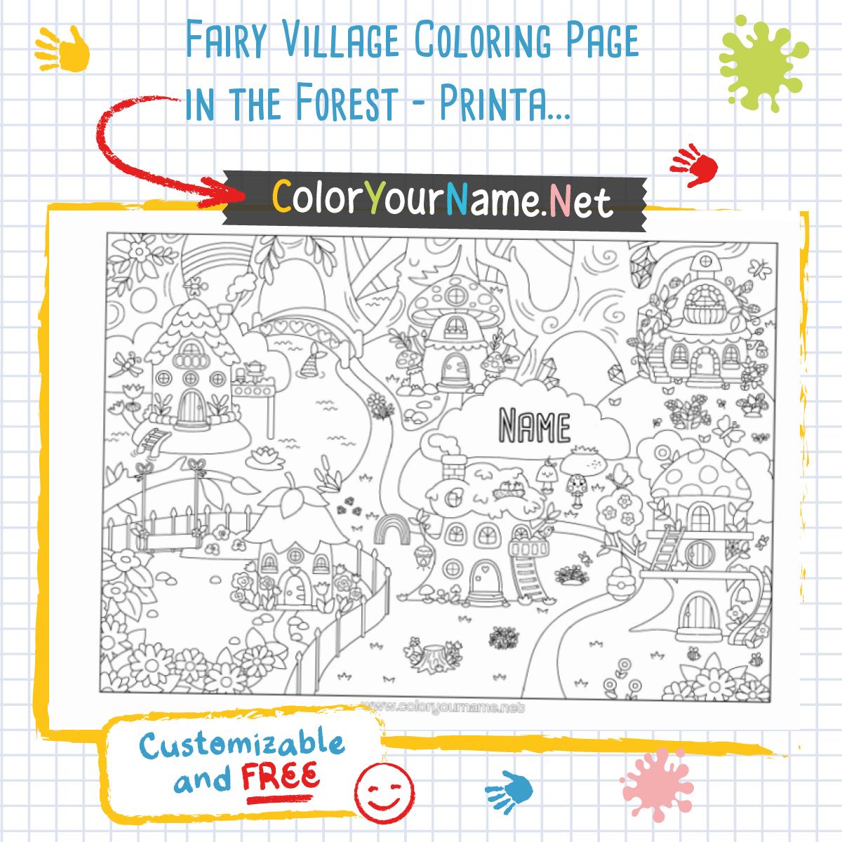 Fairy Village Coloring Page in the Forest – Printable Mushroom Houses