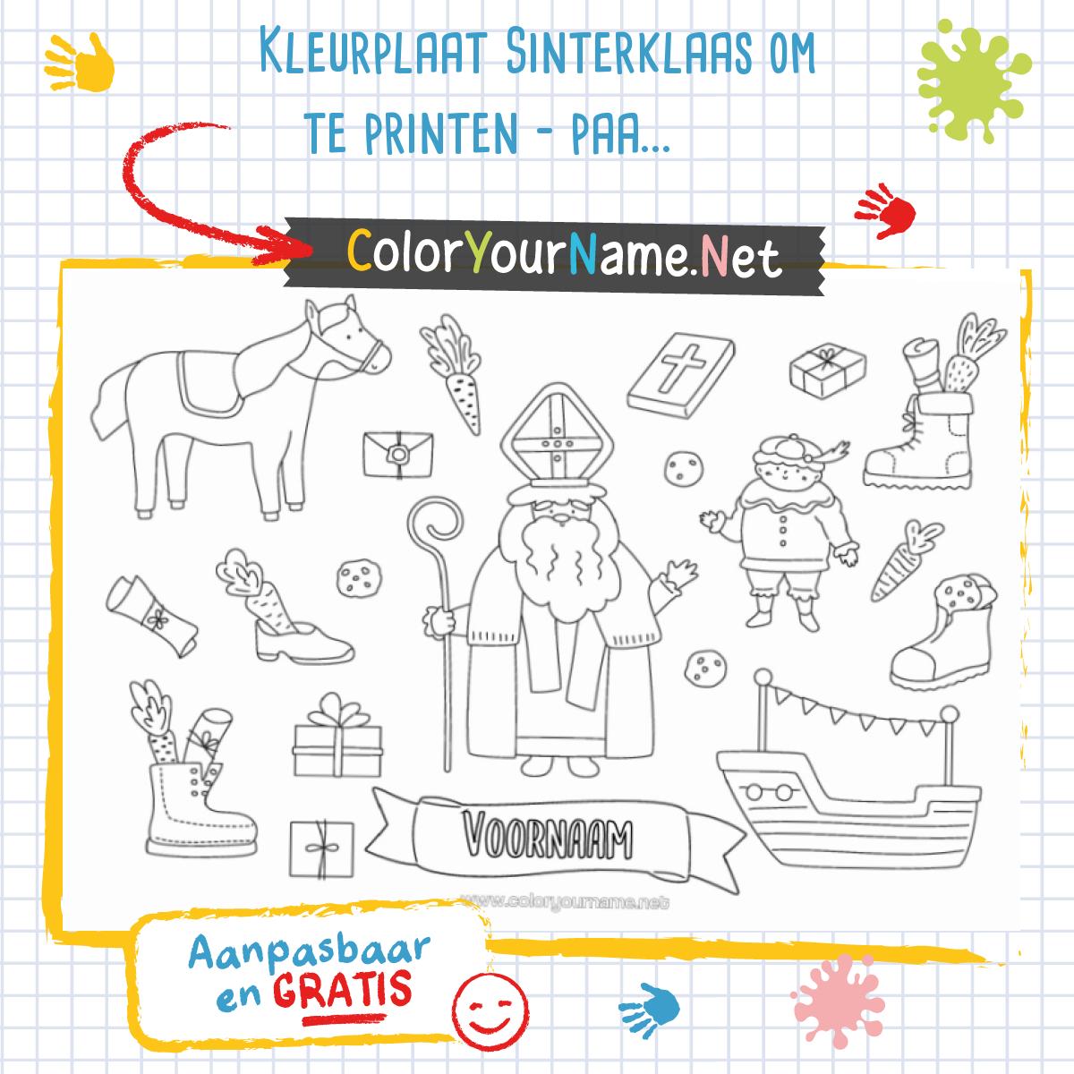 Kleurplaat Sinterklaas om te printen – paard, lekkernijen en cadeaus