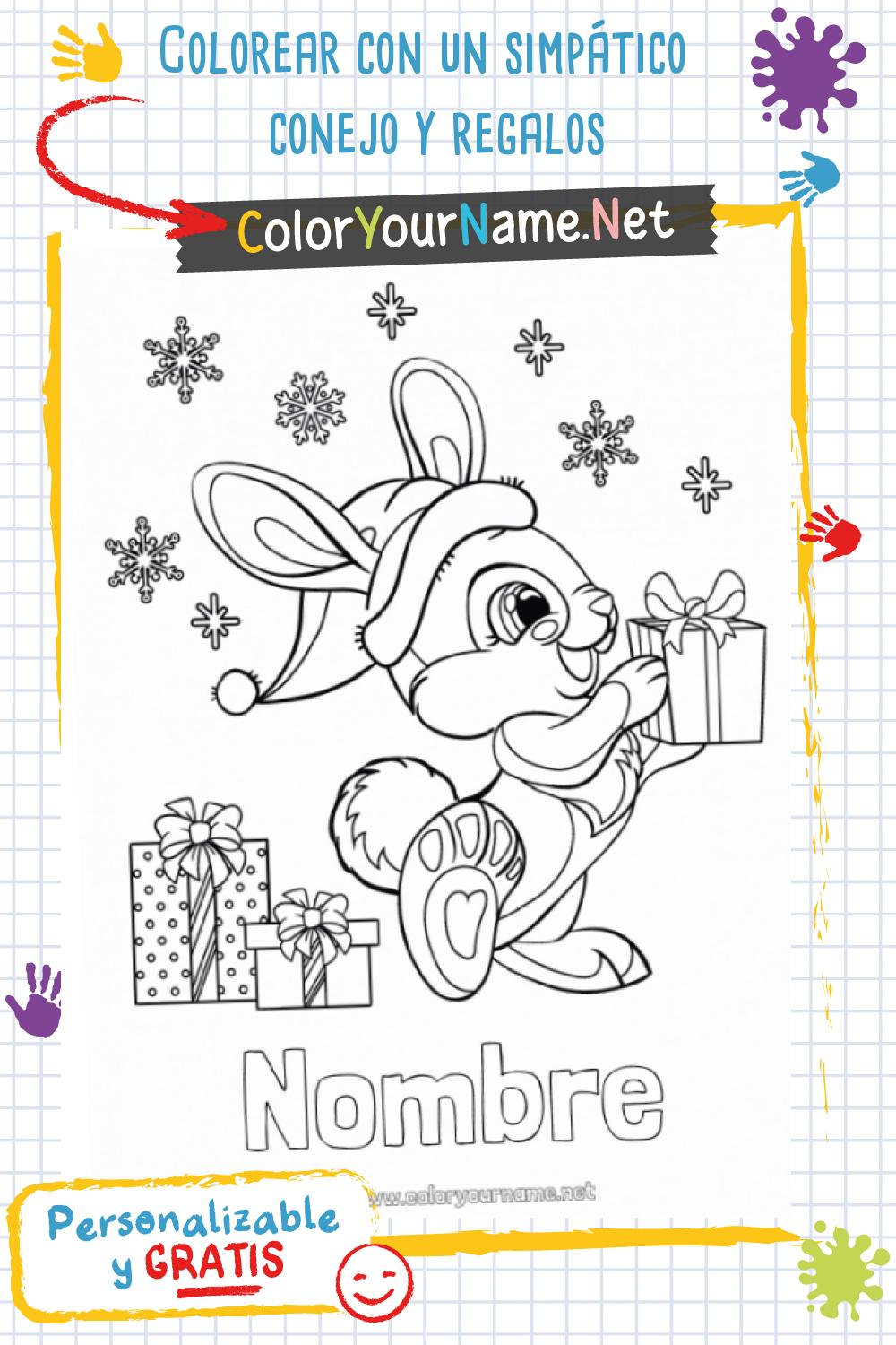 Colorear con un simpático conejo y regalos