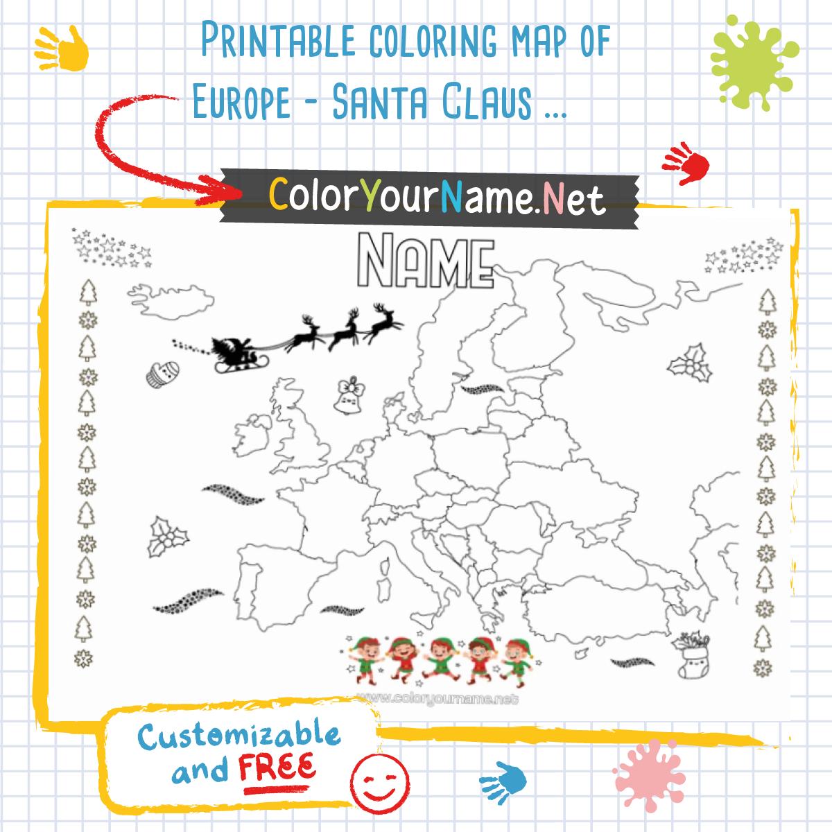 Printable coloring map of Europe – Santa Claus and his mischievous ...