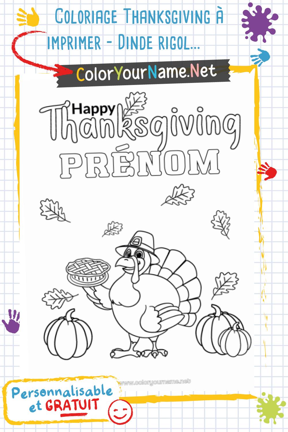 Coloriage Thanksgiving à imprimer – Dinde rigolote avec tarte et ...