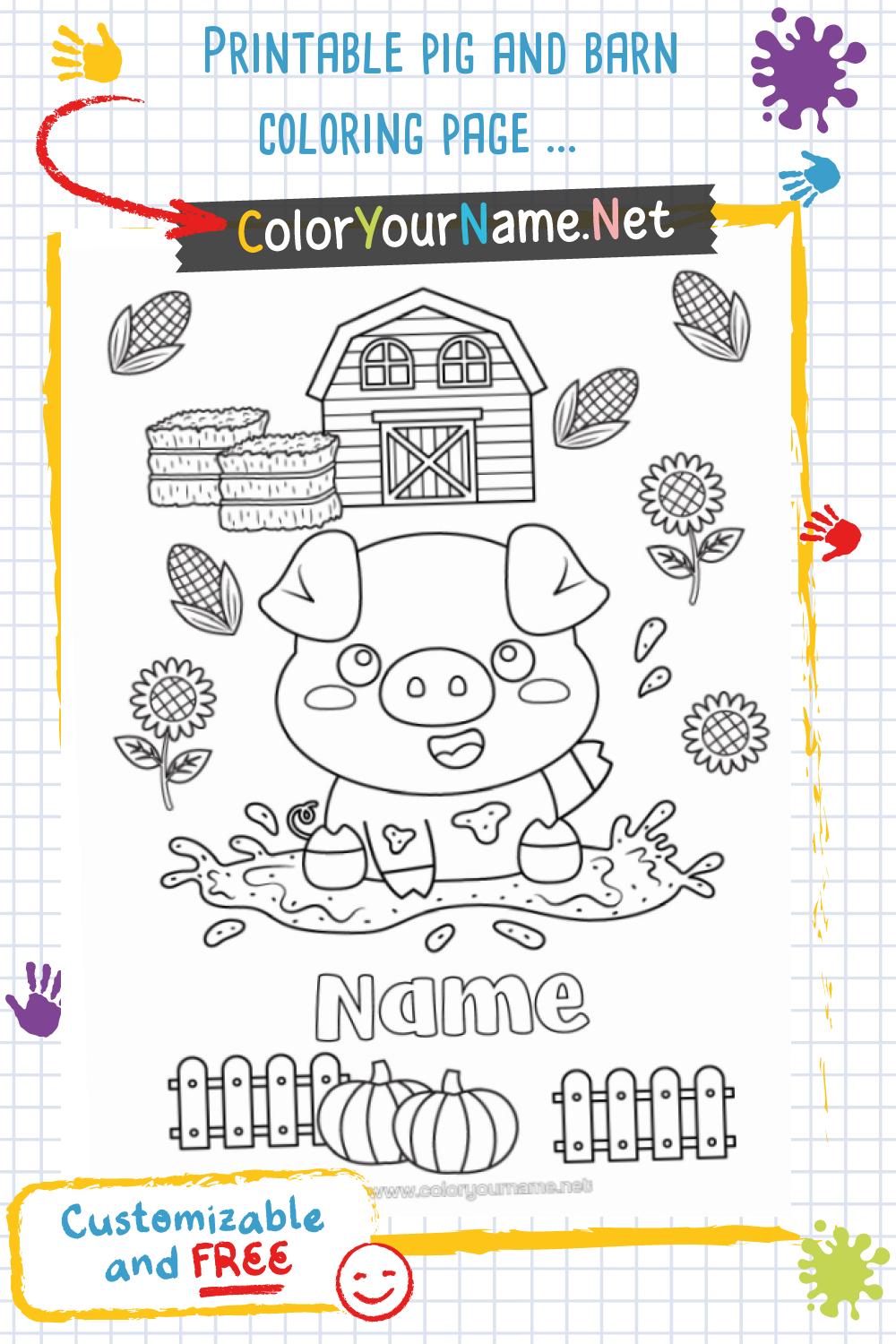 Printable pig and barn coloring page – Customizable farm scene with name