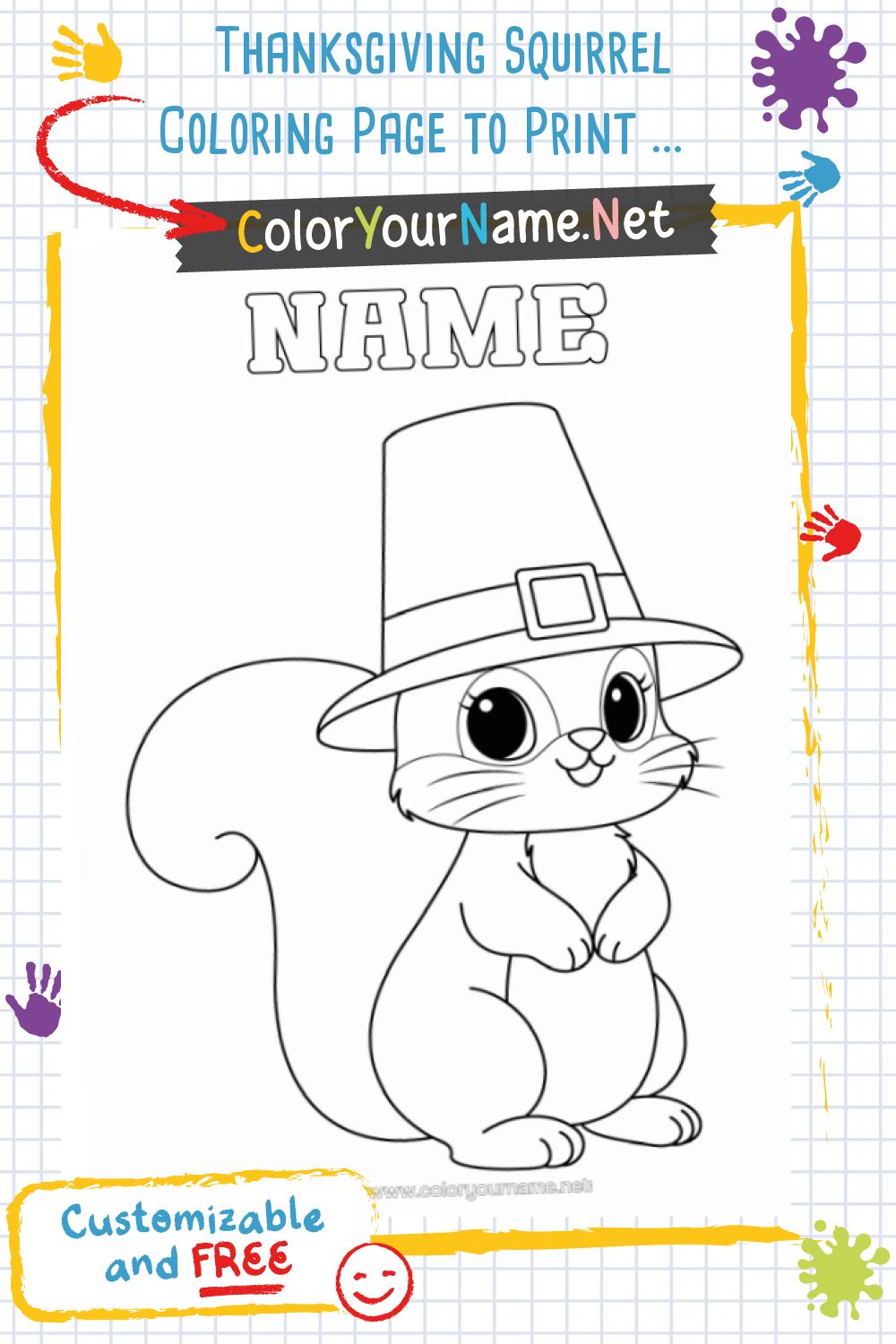 Thanksgiving Squirrel Coloring Page to Print – Customizable Cute Drawing