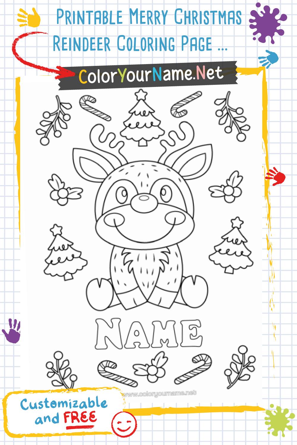 Printable Merry Christmas Reindeer Coloring Page – Customizable Festive ...