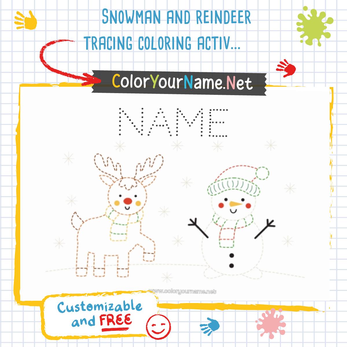 Snowman and reindeer tracing coloring activity – customizable winter ...