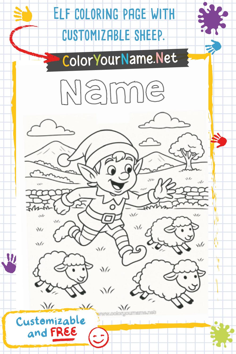 Elf coloring page with customizable sheep.
