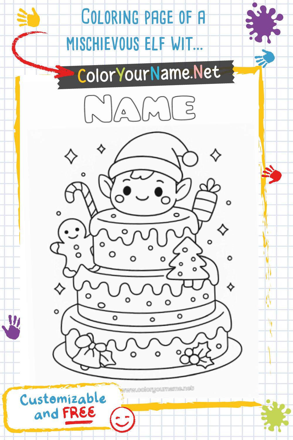 Coloring page of a mischievous elf with a customizable cake.