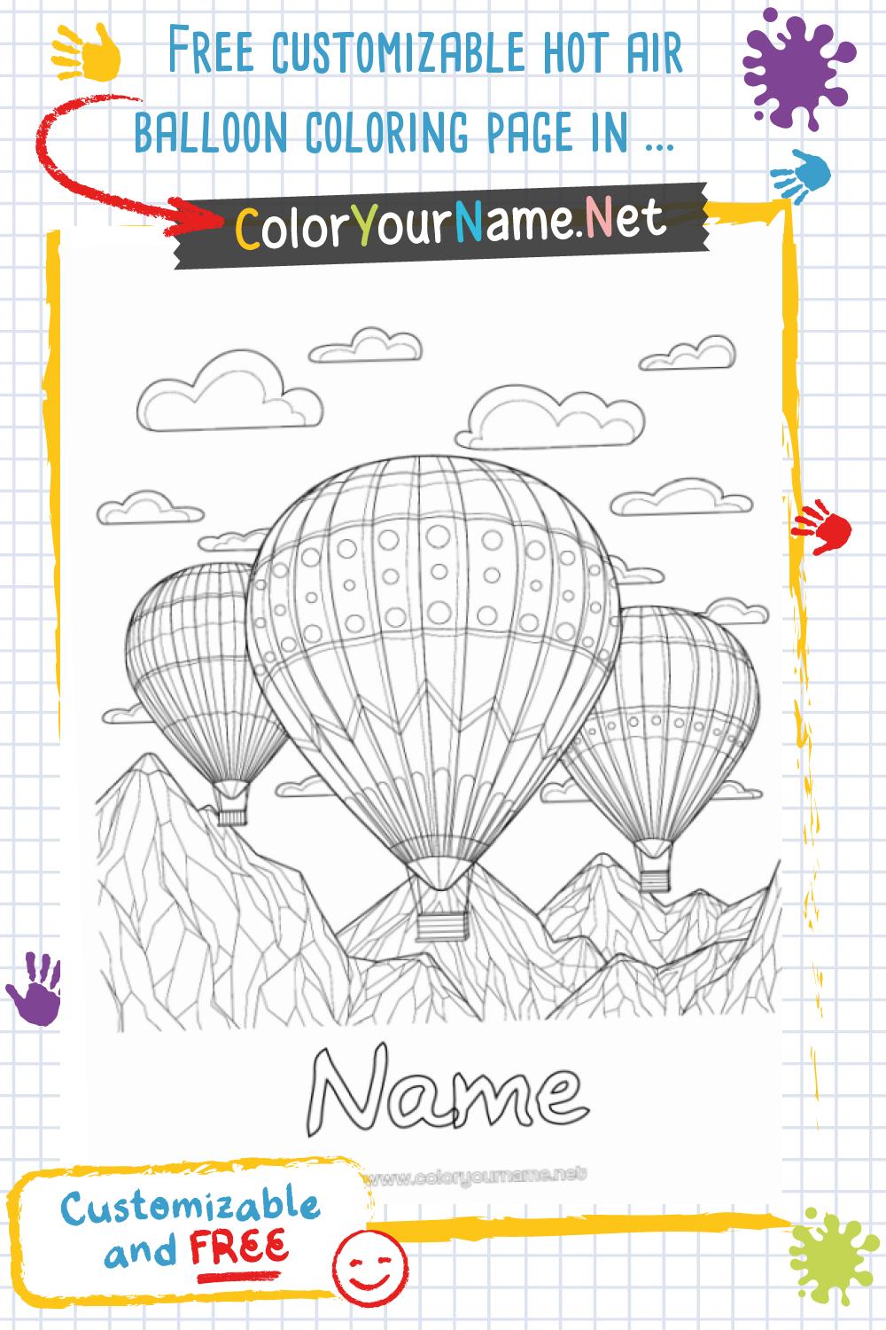 Free customizable hot air balloon coloring page in the mountains.