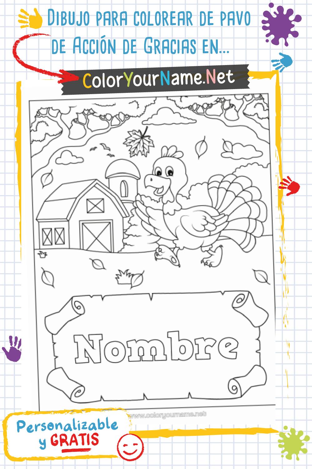 Dibujo para colorear de pavo de Acción de Gracias en la granja.