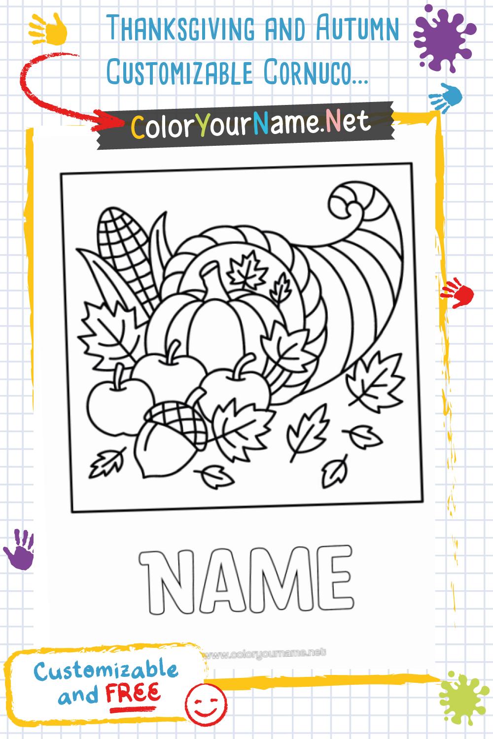 Thanksgiving and Autumn Customizable Cornucopia Coloring Page