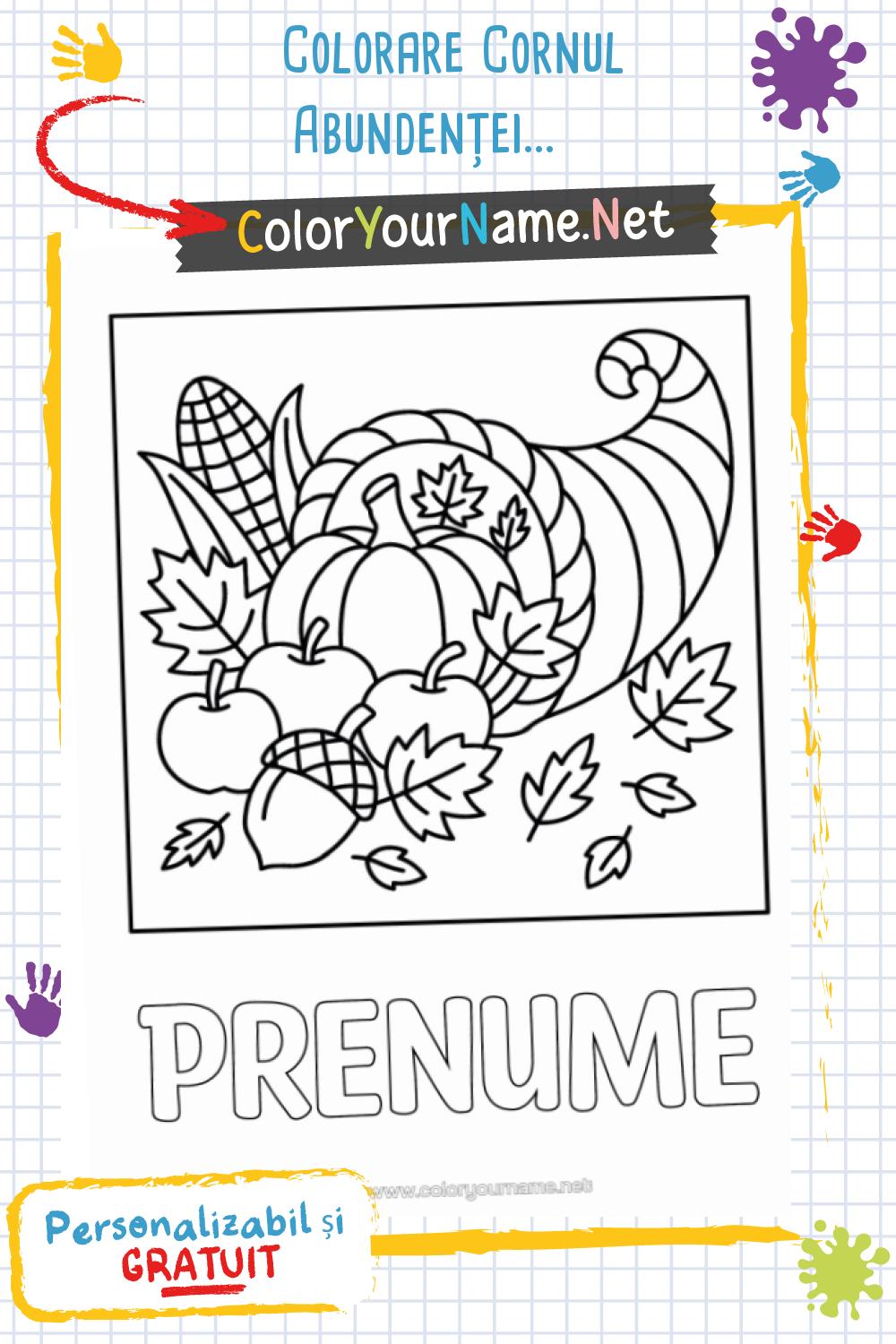 Colorare Cornul Abundenței de personalizat – Toamnă și Ziua Recunoștinței