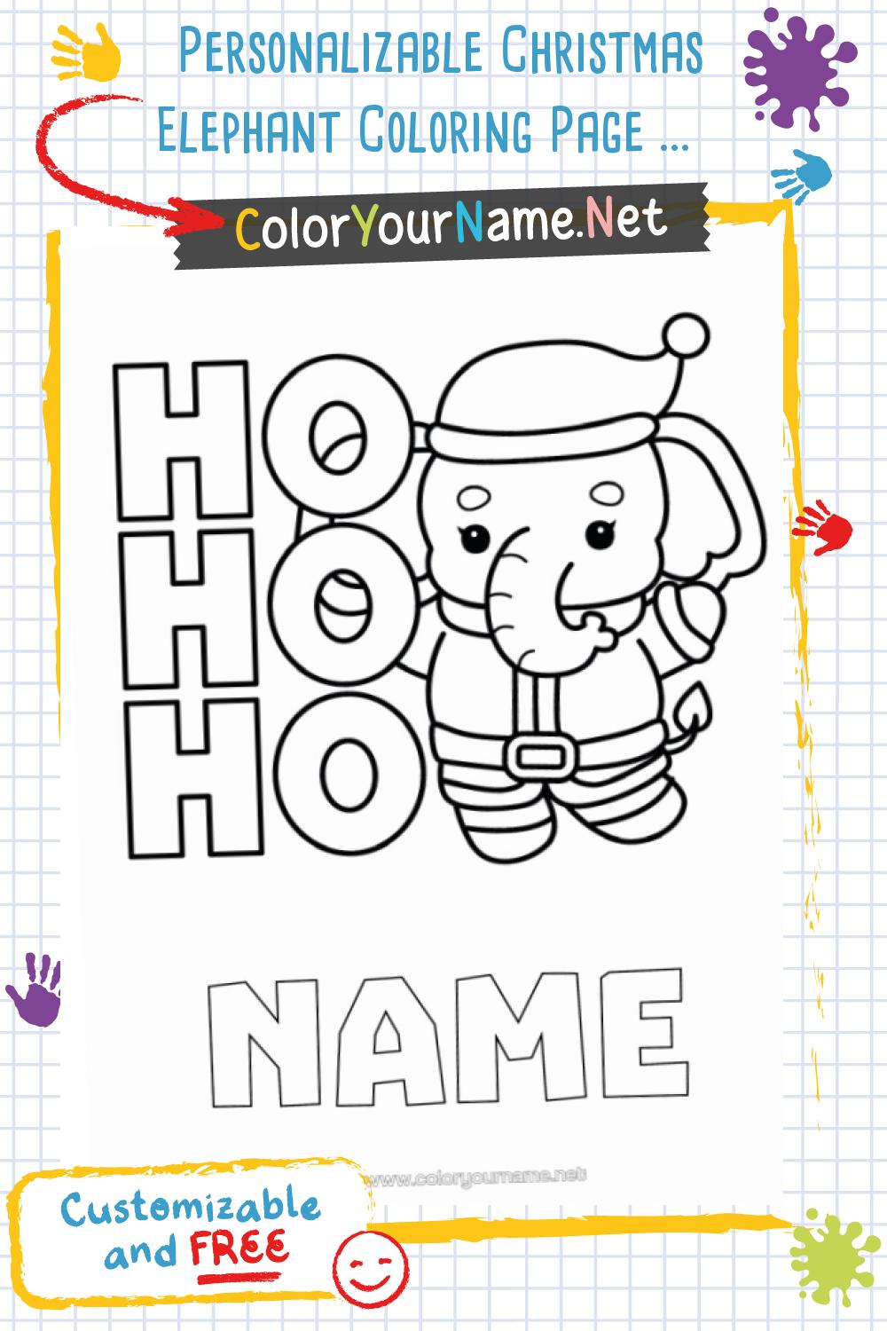 Personalizable Christmas Elephant Coloring Page "Ho Ho Ho"