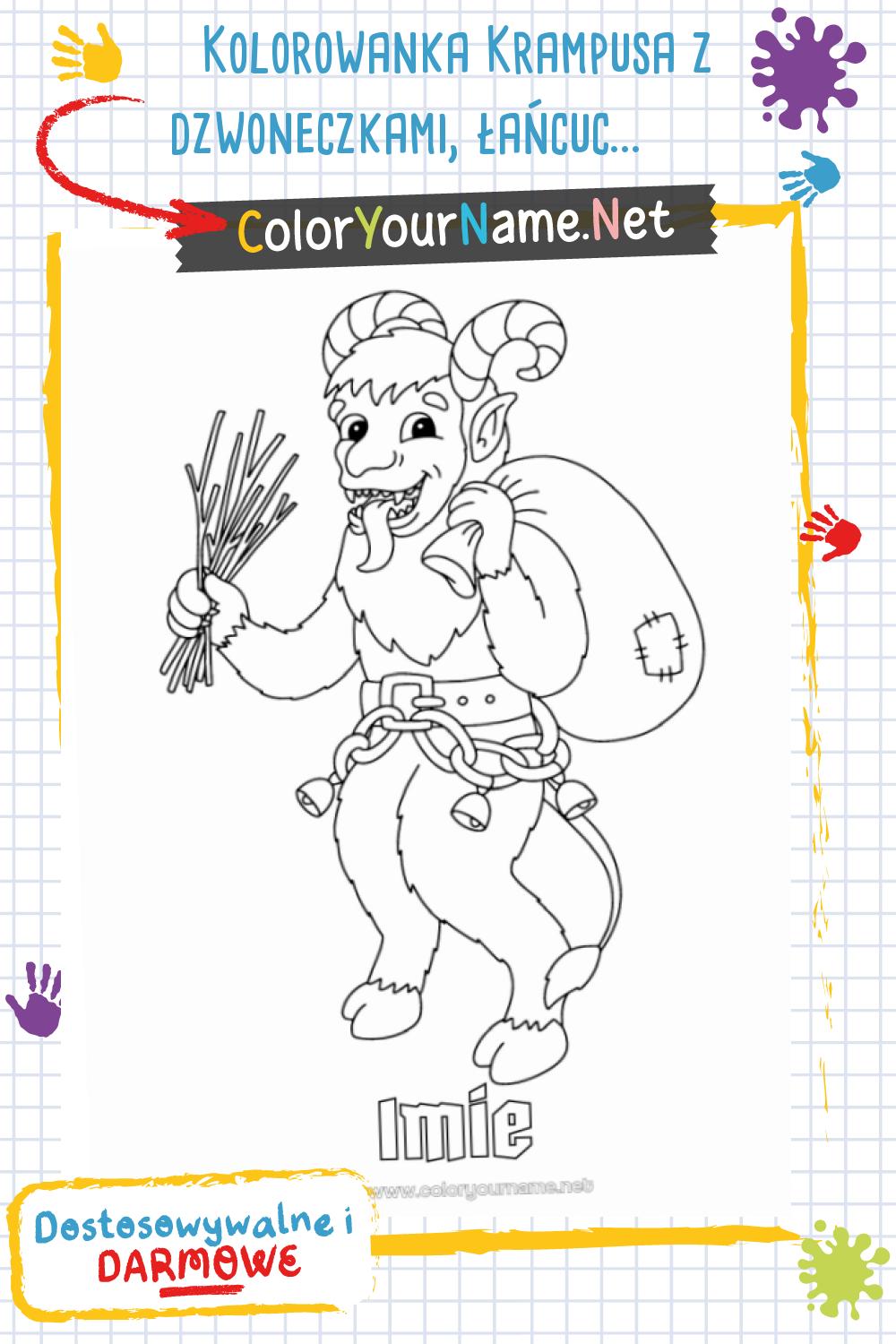 Kolorowanka Krampusa z dzwoneczkami, łańcuchem i workiem — do ...