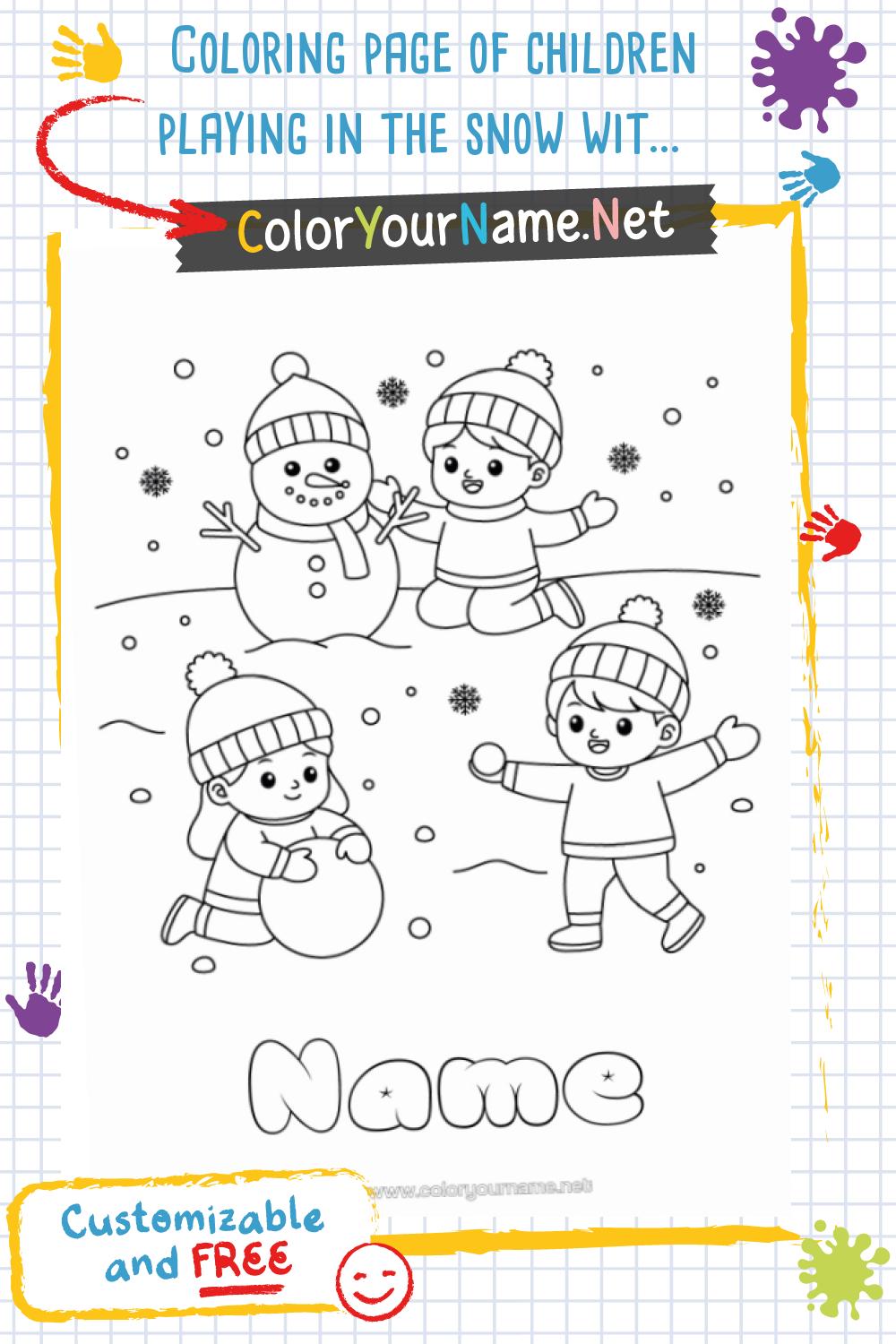 Coloring page of children playing in the snow with a snowman ...