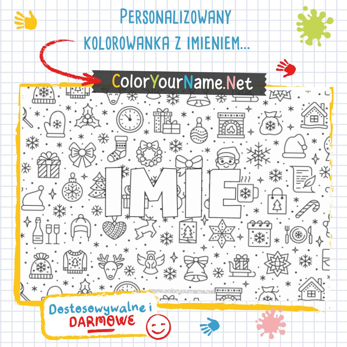 Personalizowany kolorowanka z imieniem na tle ikon świątecznych ...