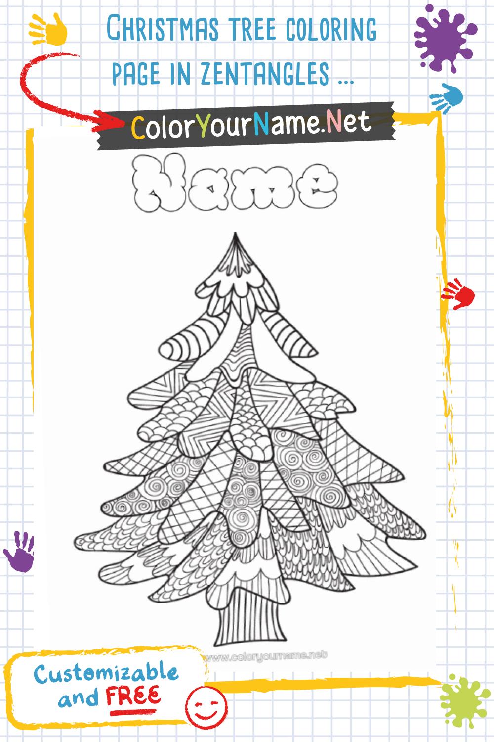 Christmas tree coloring page in zentangles – customizable name