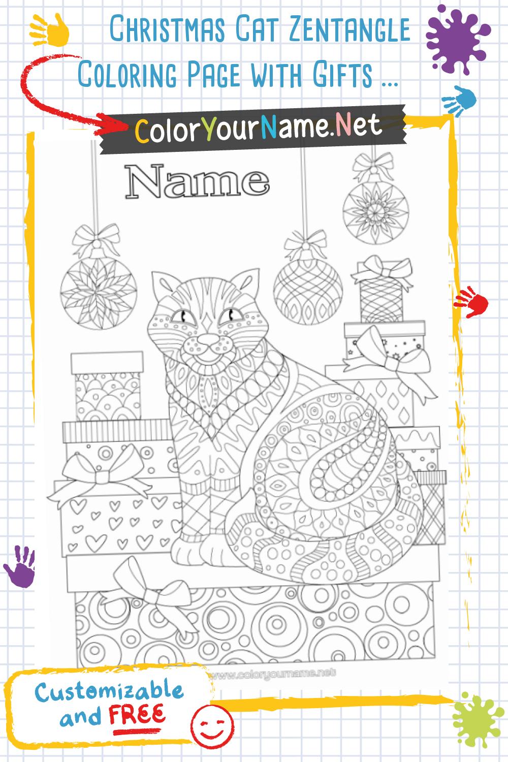 Christmas Cat Zentangle Coloring Page with Gifts – Customizable Name