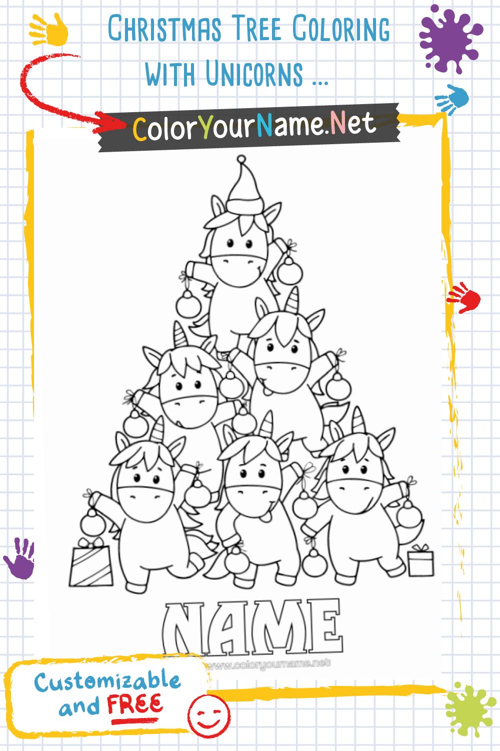 Christmas Tree Coloring with Unicorns – Customizable Name