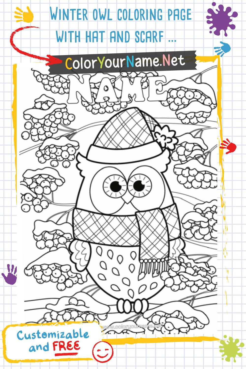 Winter owl coloring page with hat and scarf – customizable name