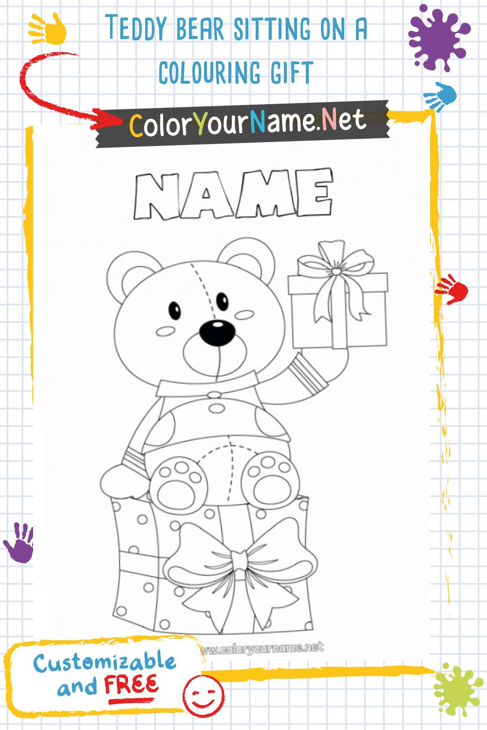 Teddy bear sitting on a colouring gift
