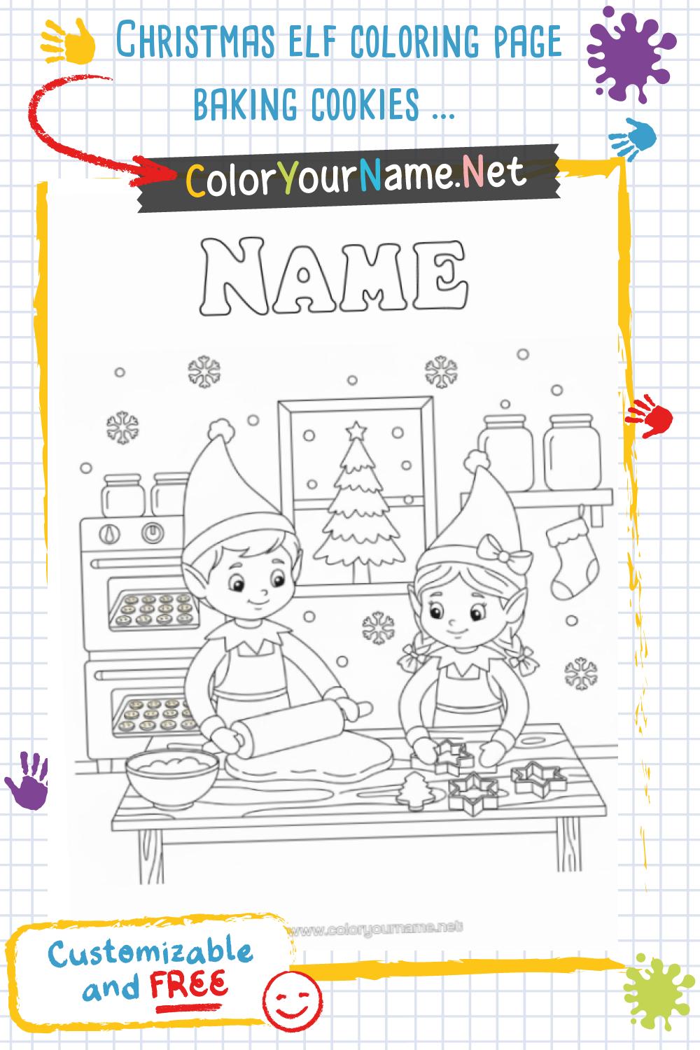 Christmas elf coloring page baking cookies – customizable name