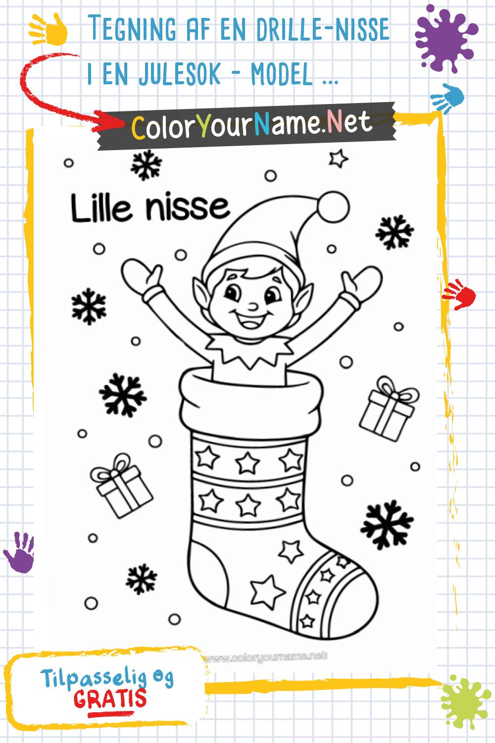 Tegning af en drille-nisse i en julesok – model til vindue at gengive