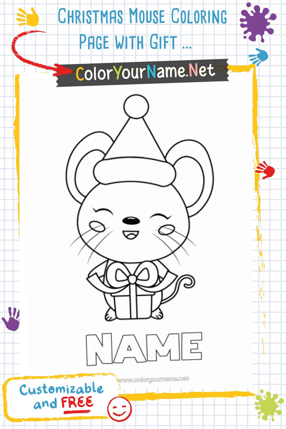 Christmas Mouse Coloring Page with Gift – Customizable Name