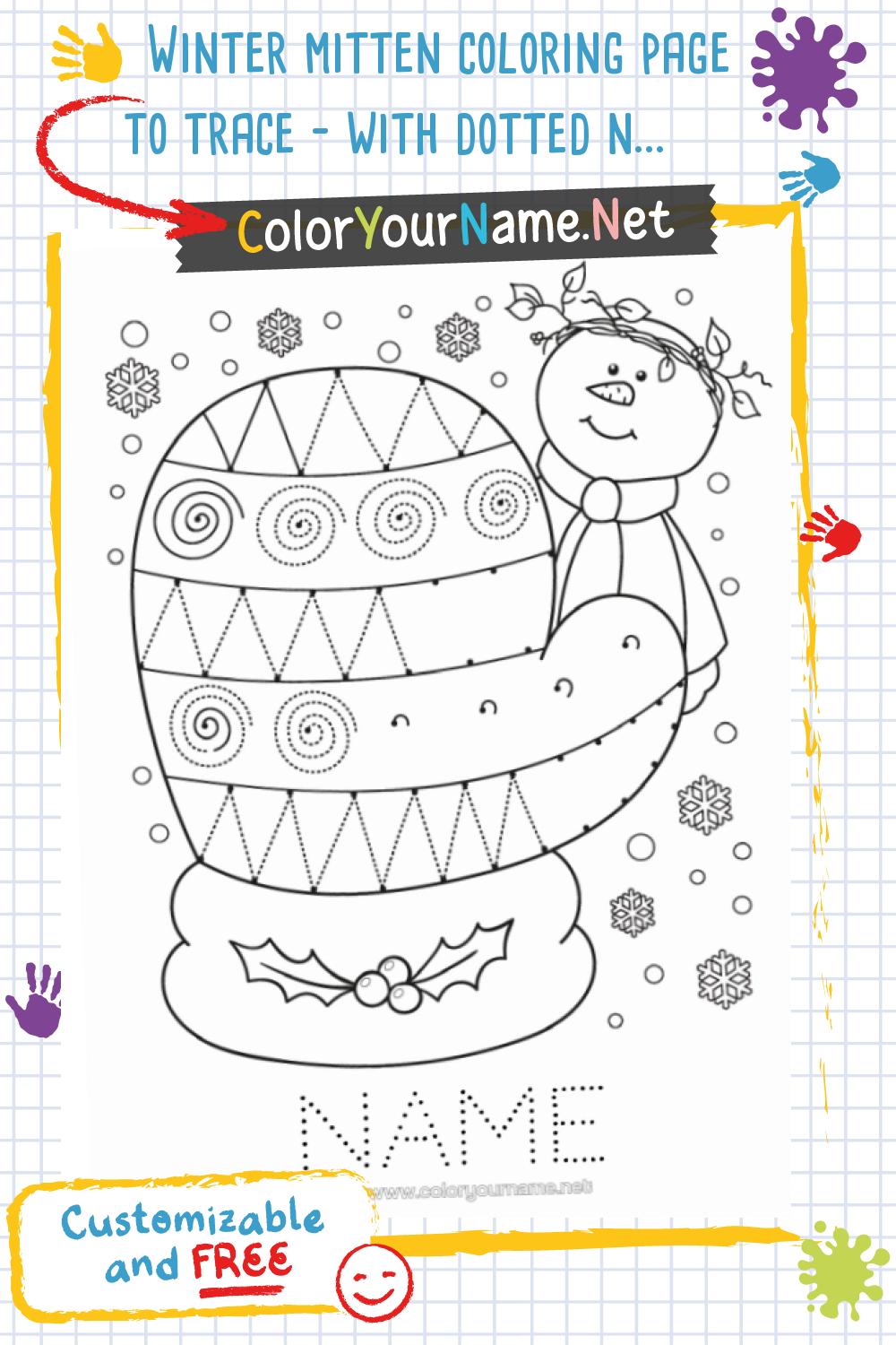 Winter mitten coloring page to trace – with dotted name for ...