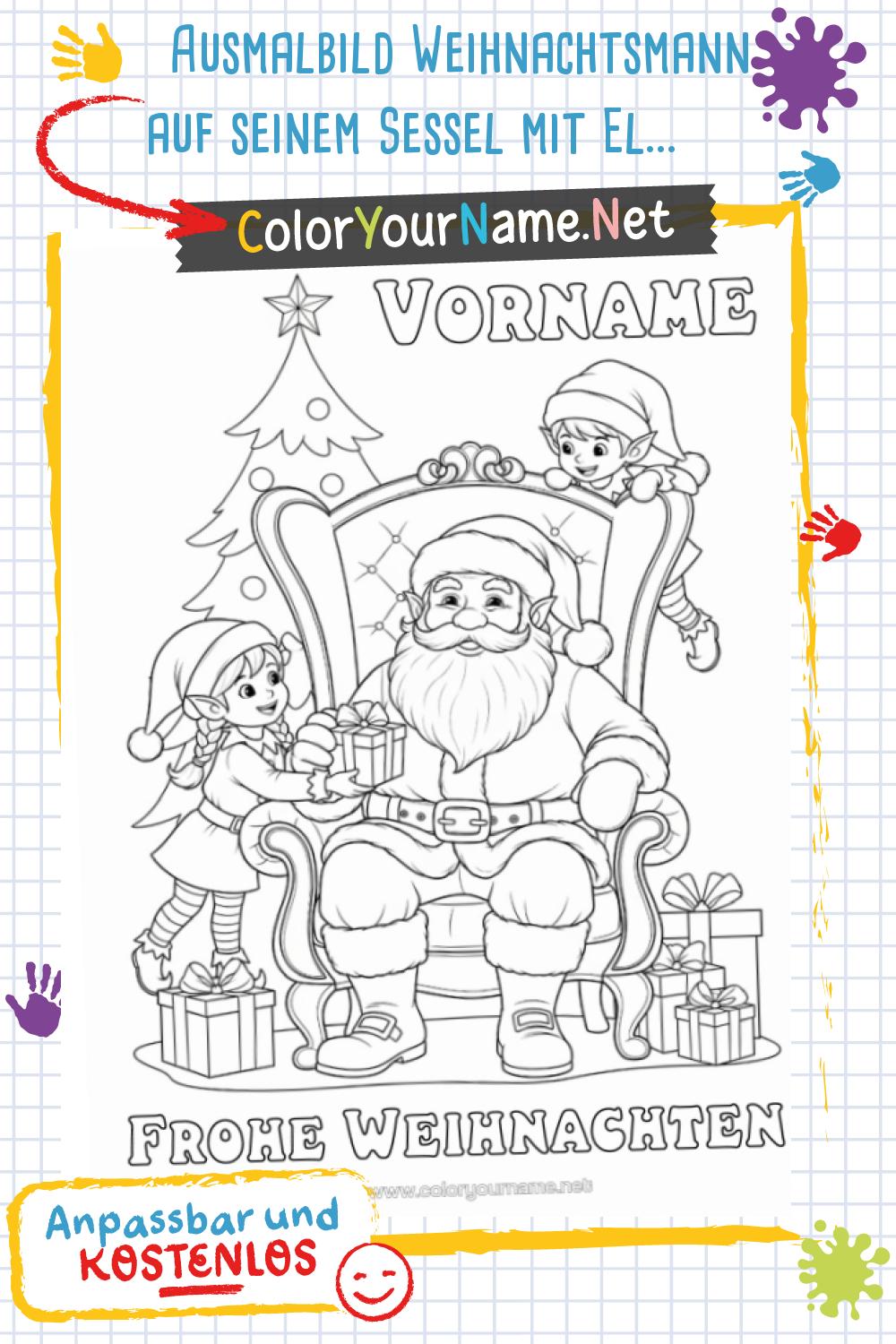 Ausmalbild Weihnachtsmann auf seinem Sessel mit Elfen – Frohe ...