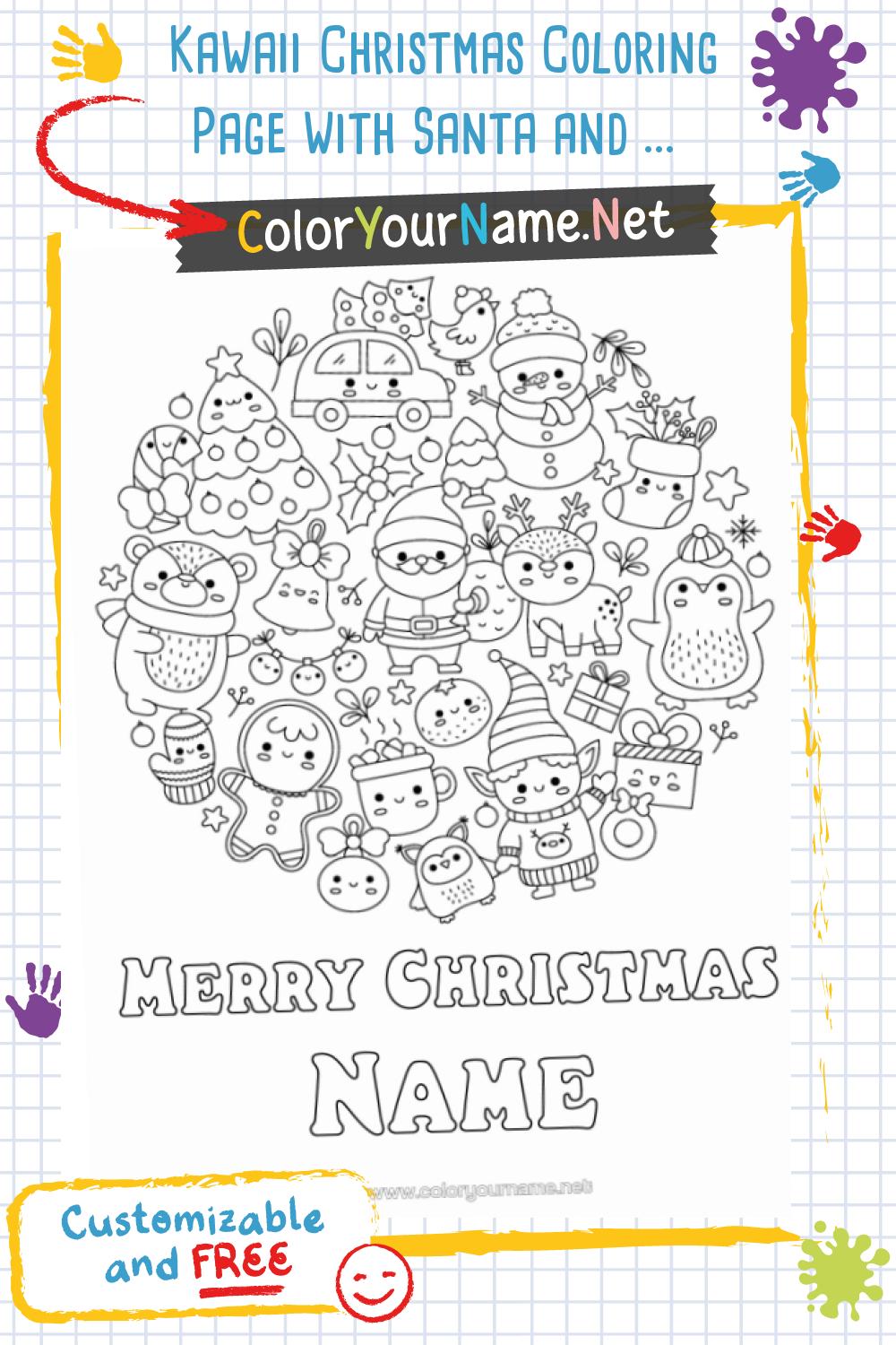 Kawaii Christmas Coloring Page with Santa and His Friends – Customizable