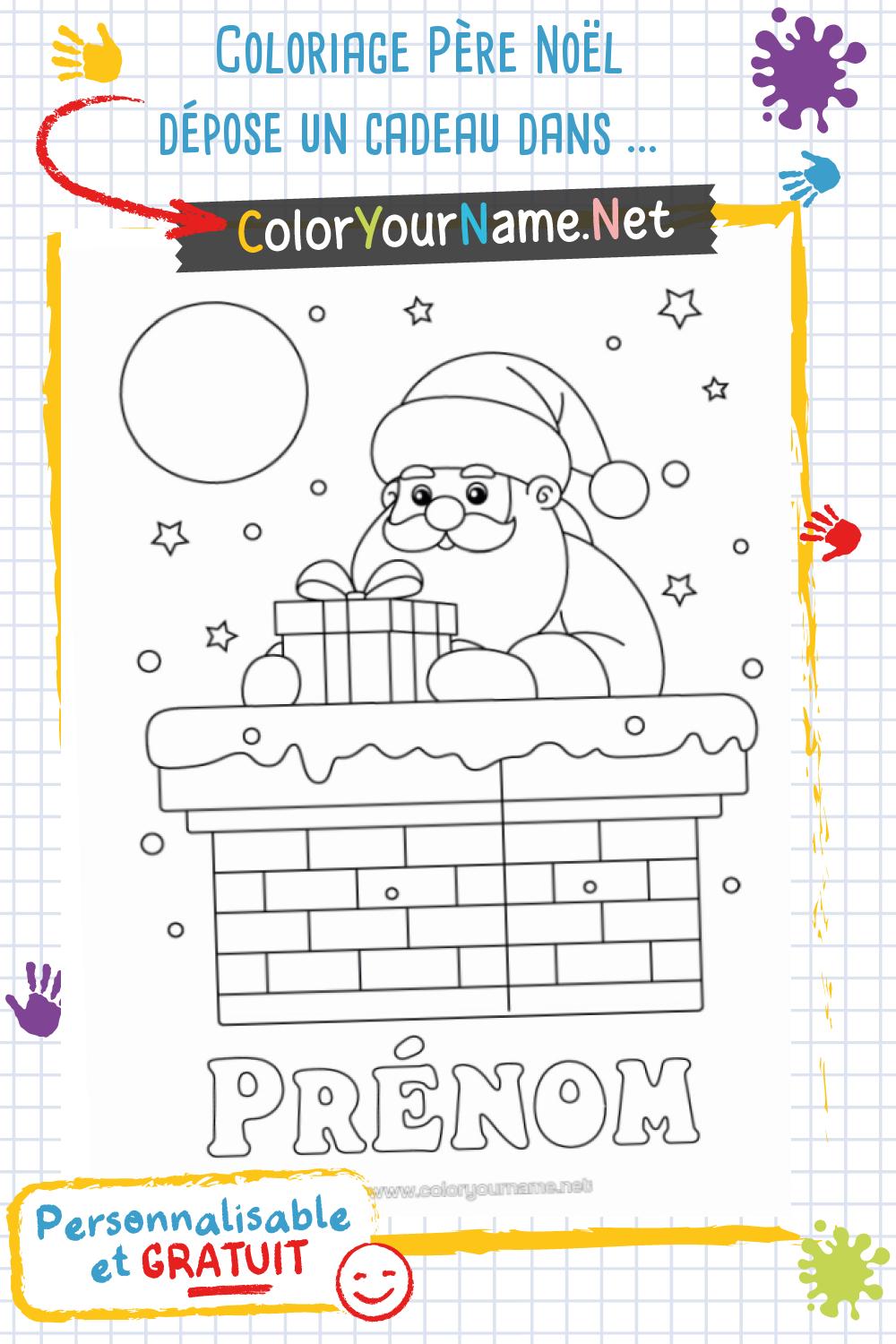 Coloriage Père Noël dépose un cadeau dans une cheminée ...