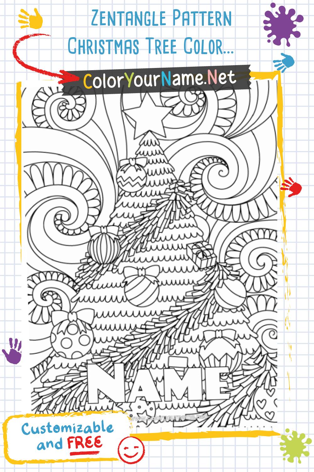 Zentangle Pattern Christmas Tree Coloring Page – Customized with Name