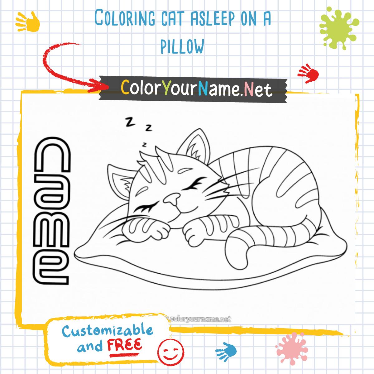 Coloring cat asleep on a pillow