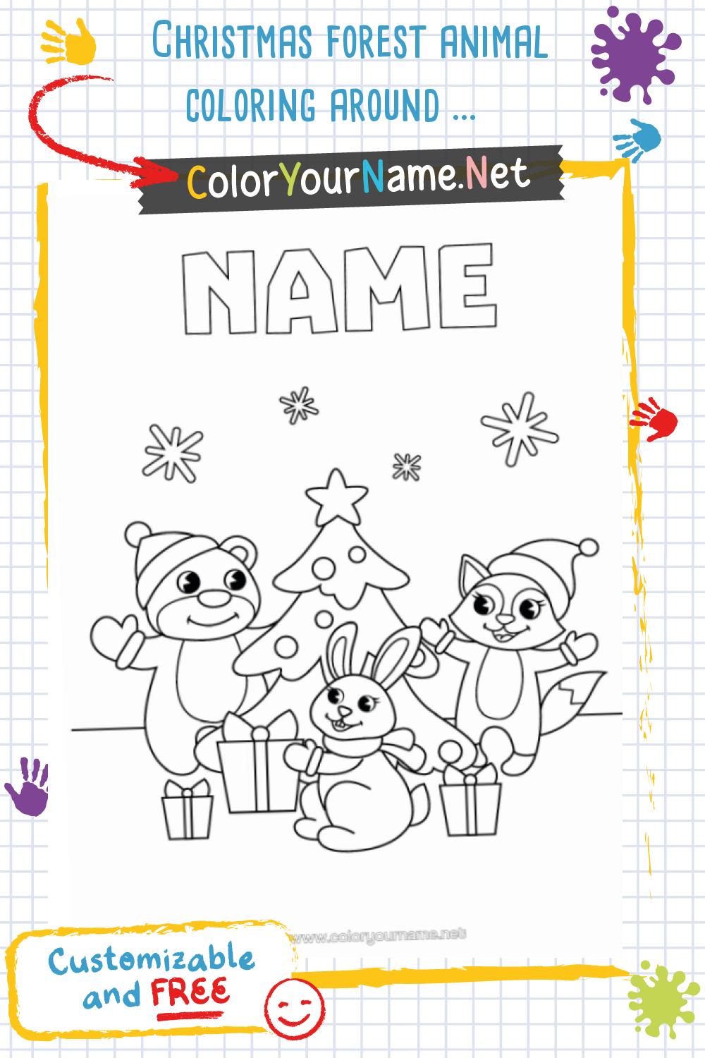 Christmas forest animal coloring around the Christmas tree.