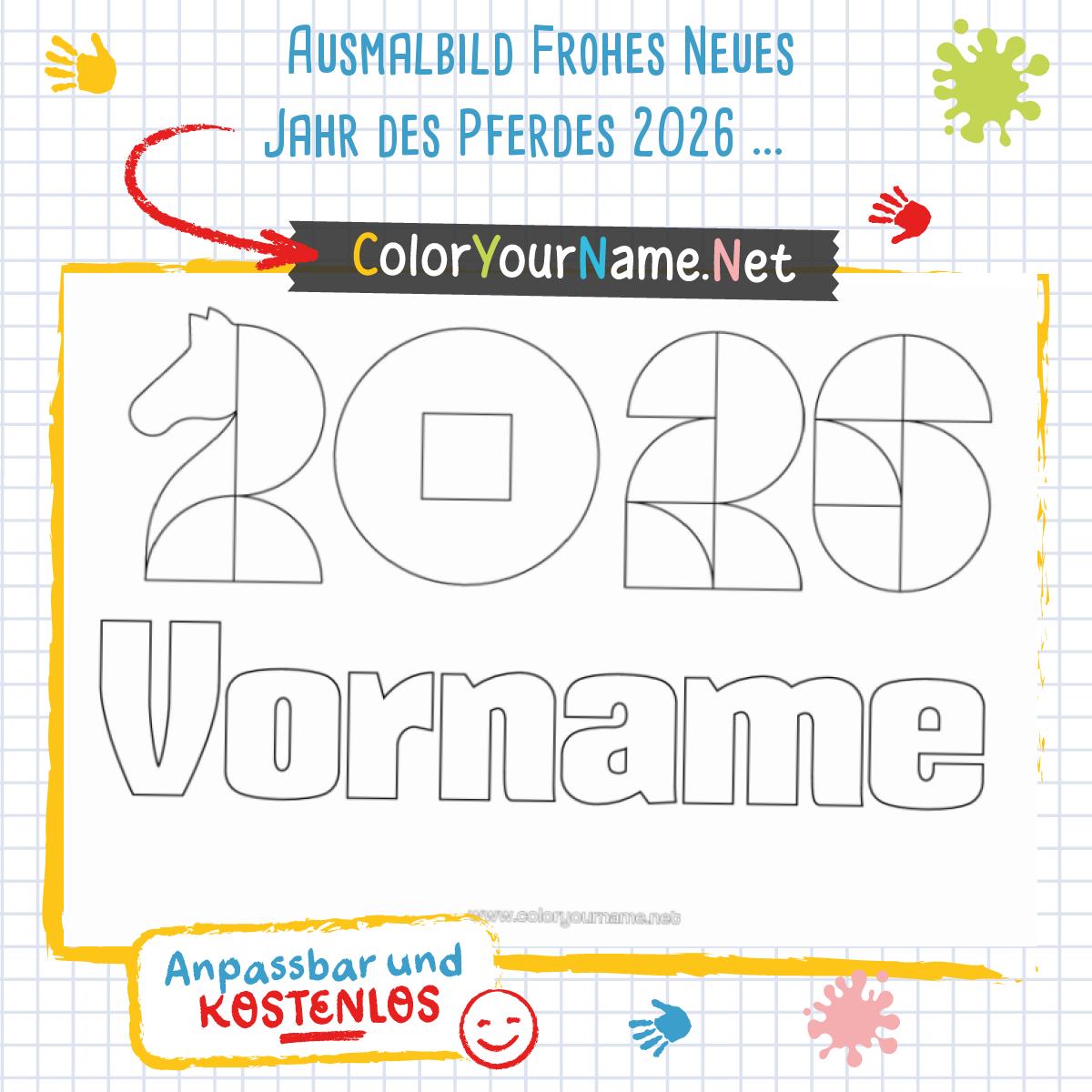 Ausmalbild Frohes Neues Jahr des Pferdes 2026 zum Personalisieren
