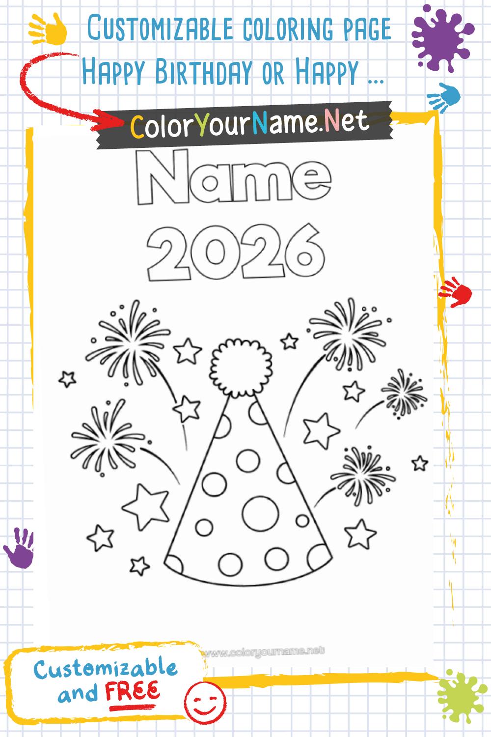 Customizable coloring page Happy Birthday or Happy New Year