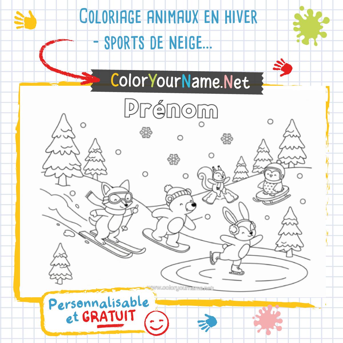 Coloriage animaux en hiver – sports de neige et prénom à personnaliser