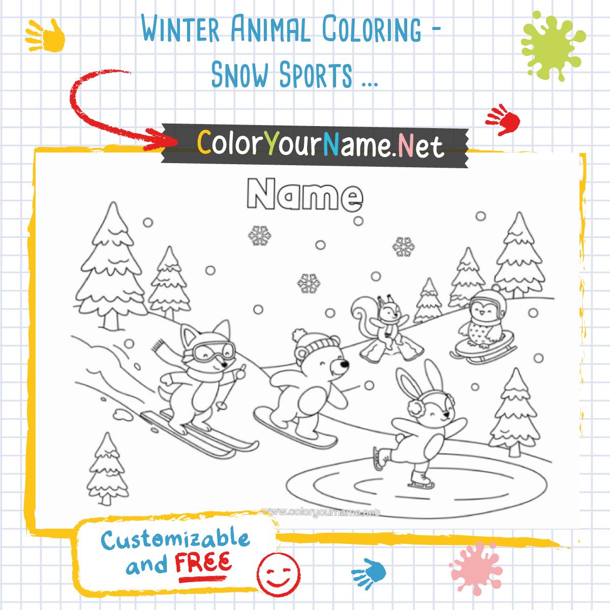 Winter Animal Coloring – Snow Sports and Customizable Name