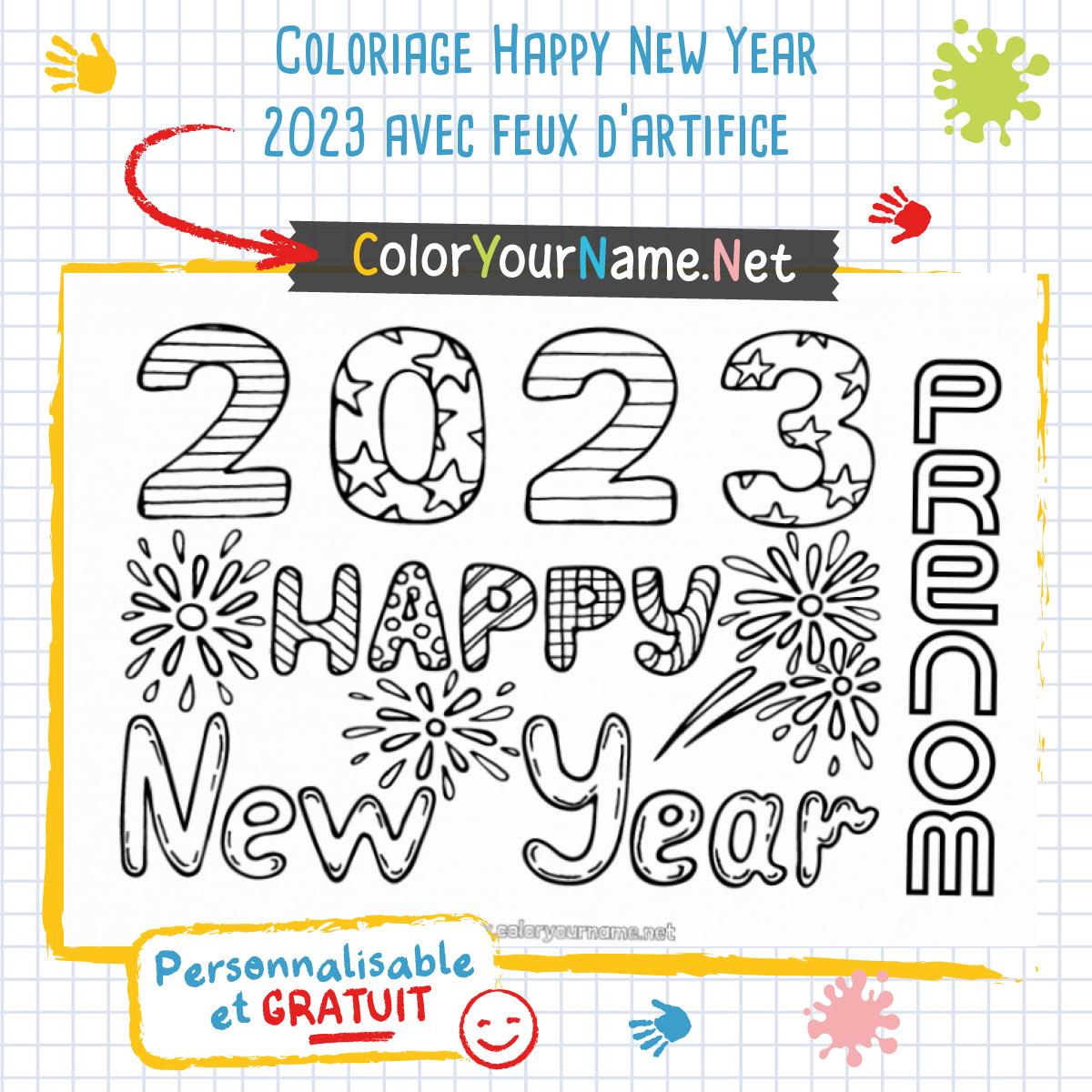 Coloriage Happy New Year 2023 avec feux d'artifice