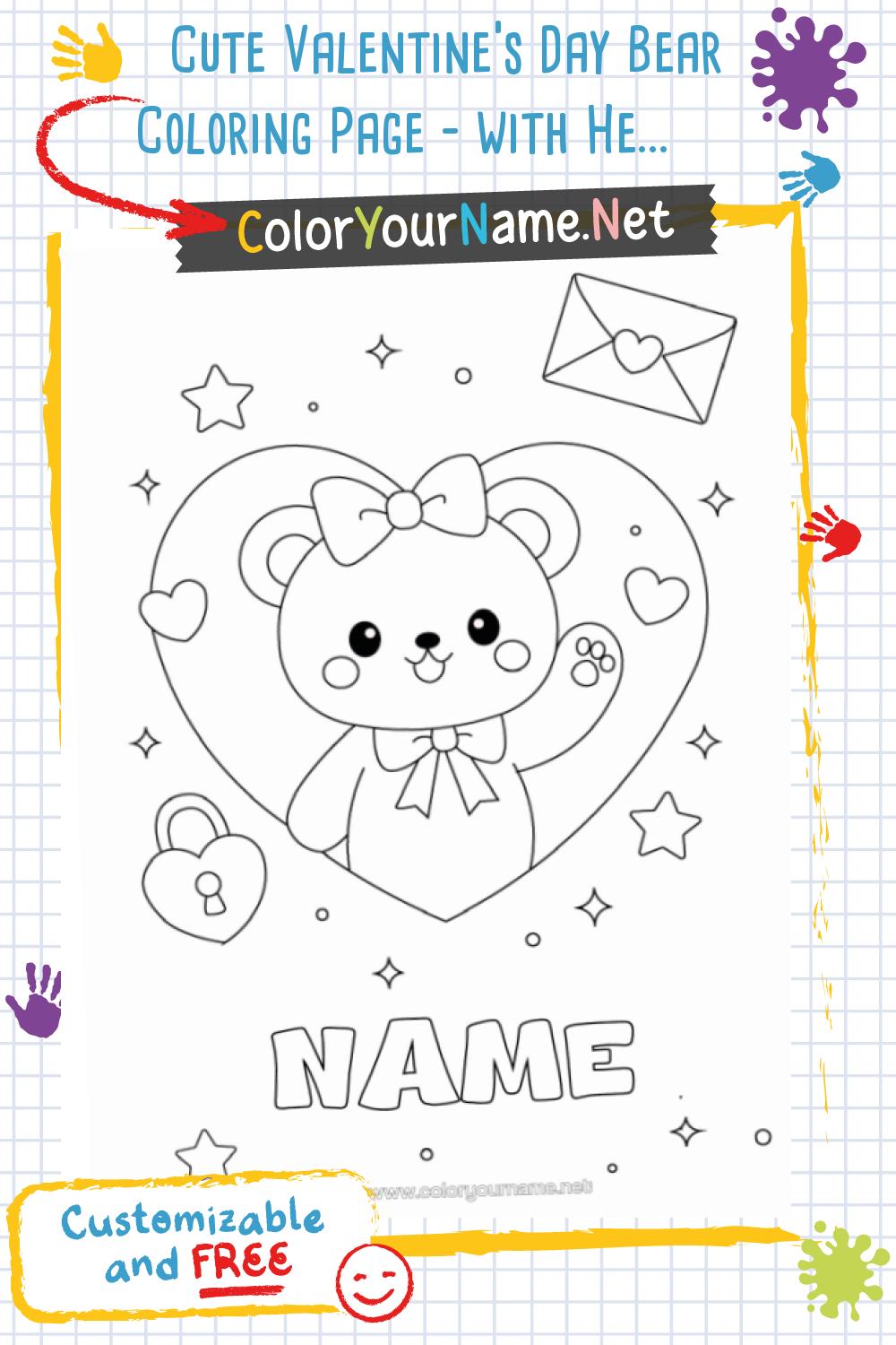 Cute Valentine's Day Bear Coloring Page – with Heart and Customizable Name