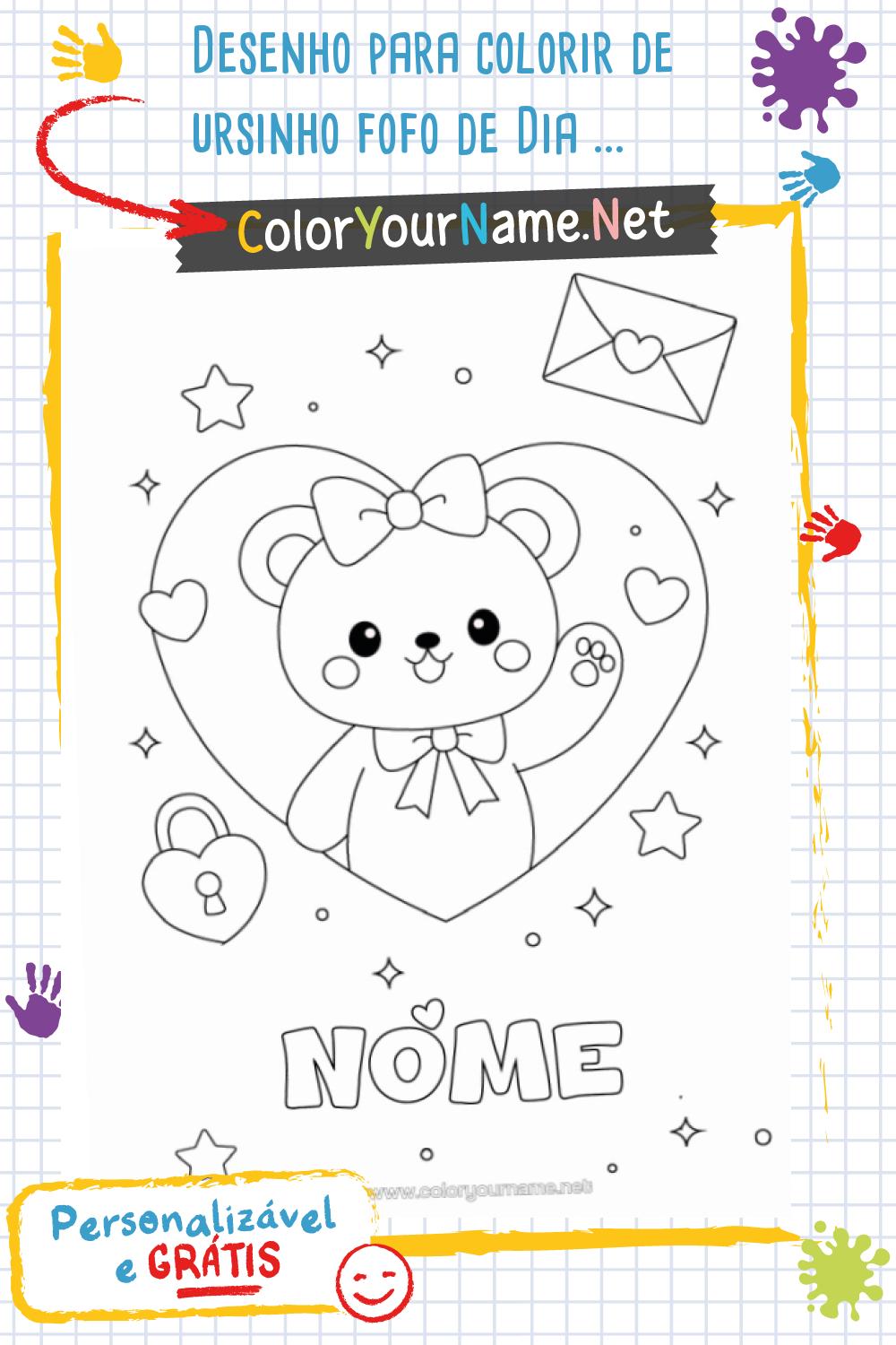 Desenho para colorir de ursinho fofo de Dia dos Namorados – com coração ...