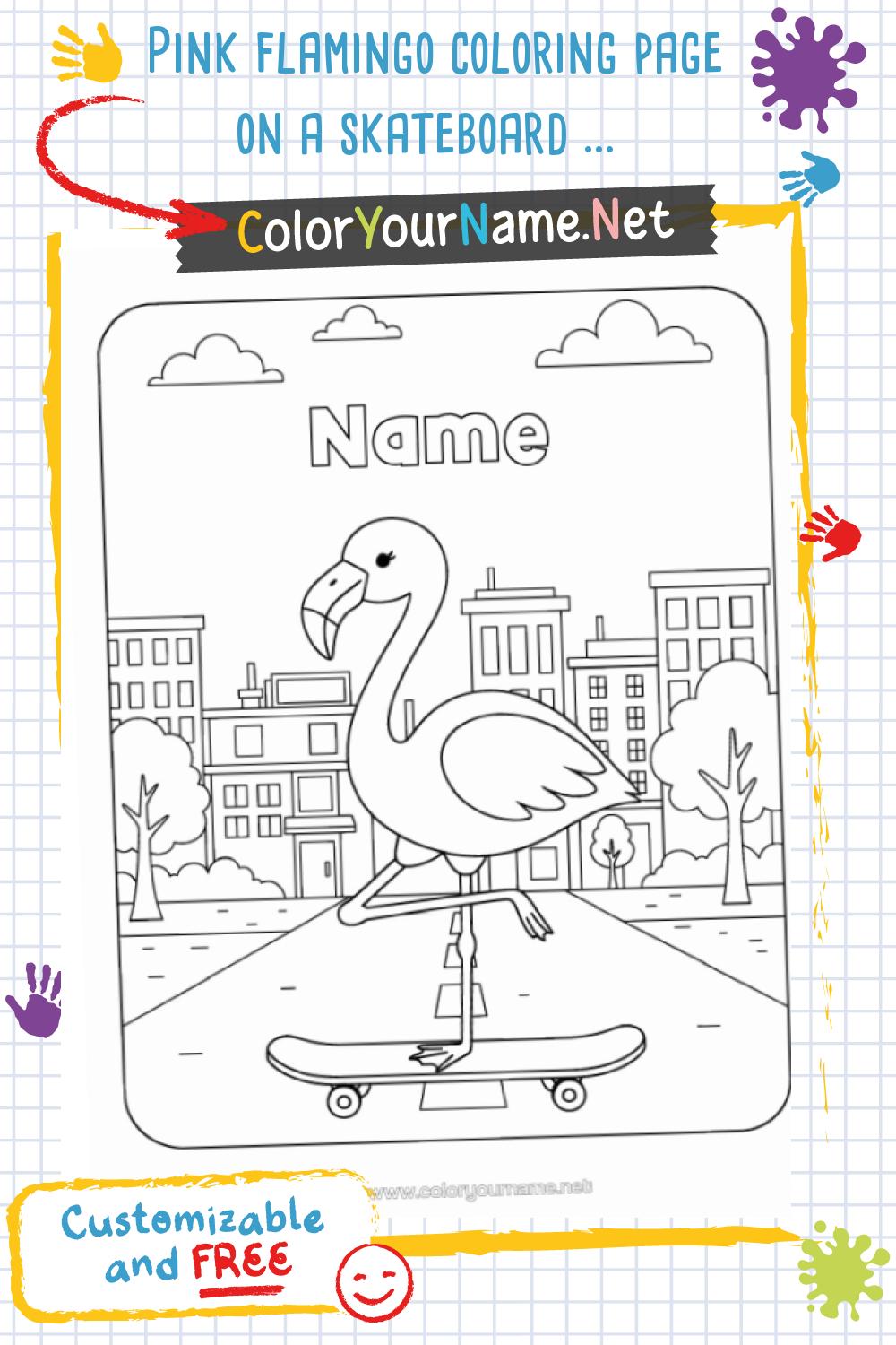Pink flamingo coloring page on a skateboard – customizable name