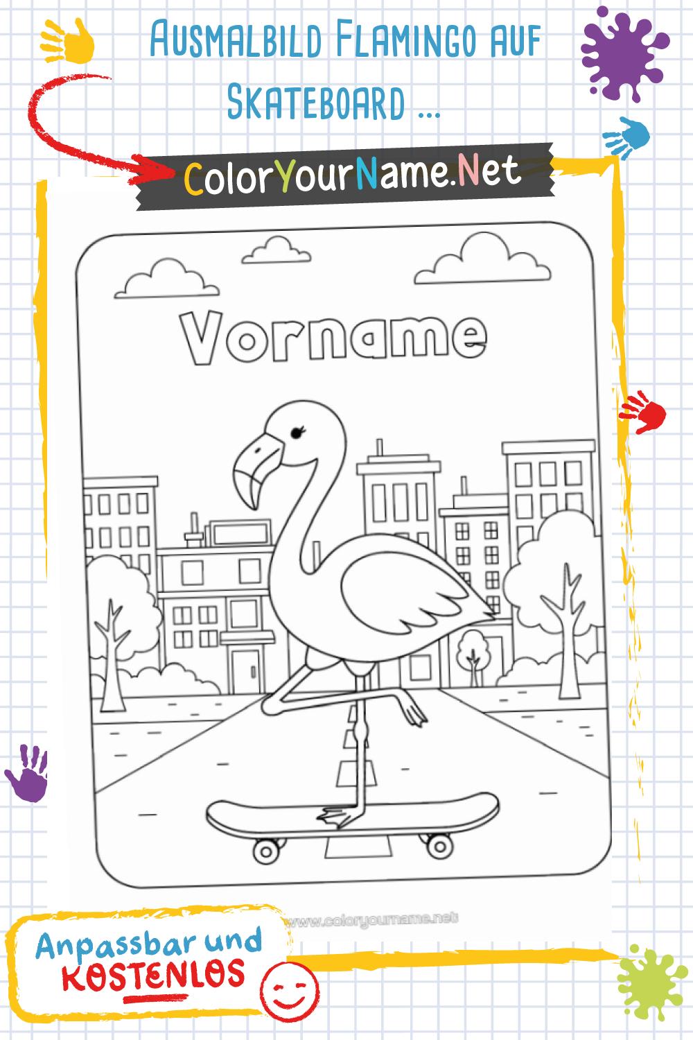 Ausmalbild Flamingo auf Skateboard – personalisierbarer Name