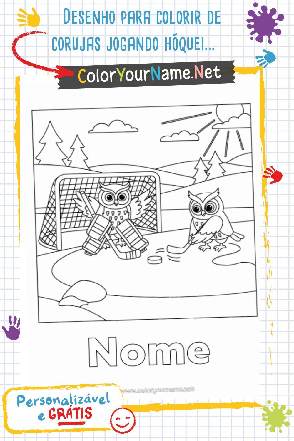Desenho para colorir de corujas jogando hóquei no gelo – com nome ...