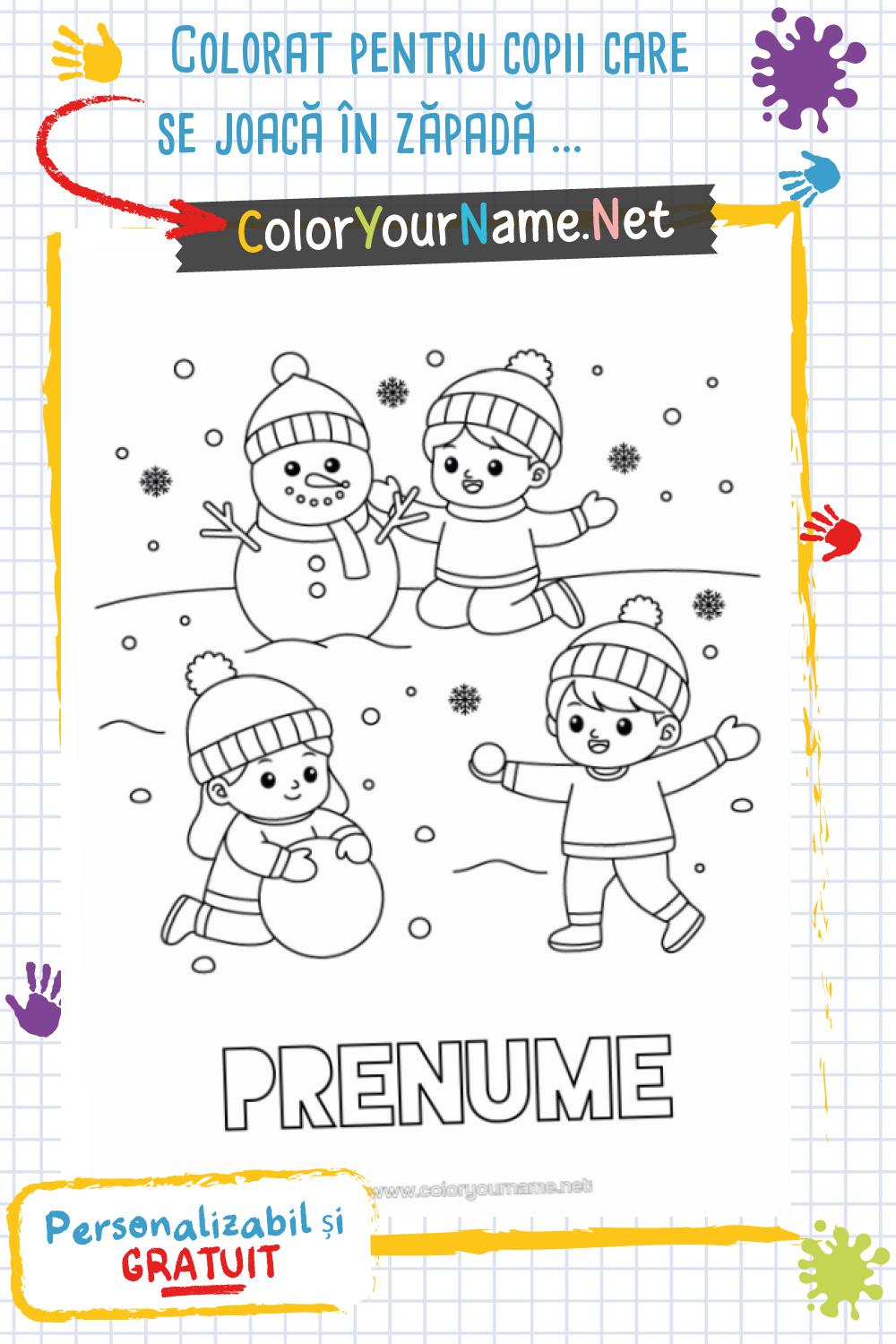 Colorat pentru copii care se joacă în zăpadă – cu om de zăpadă și nume ...