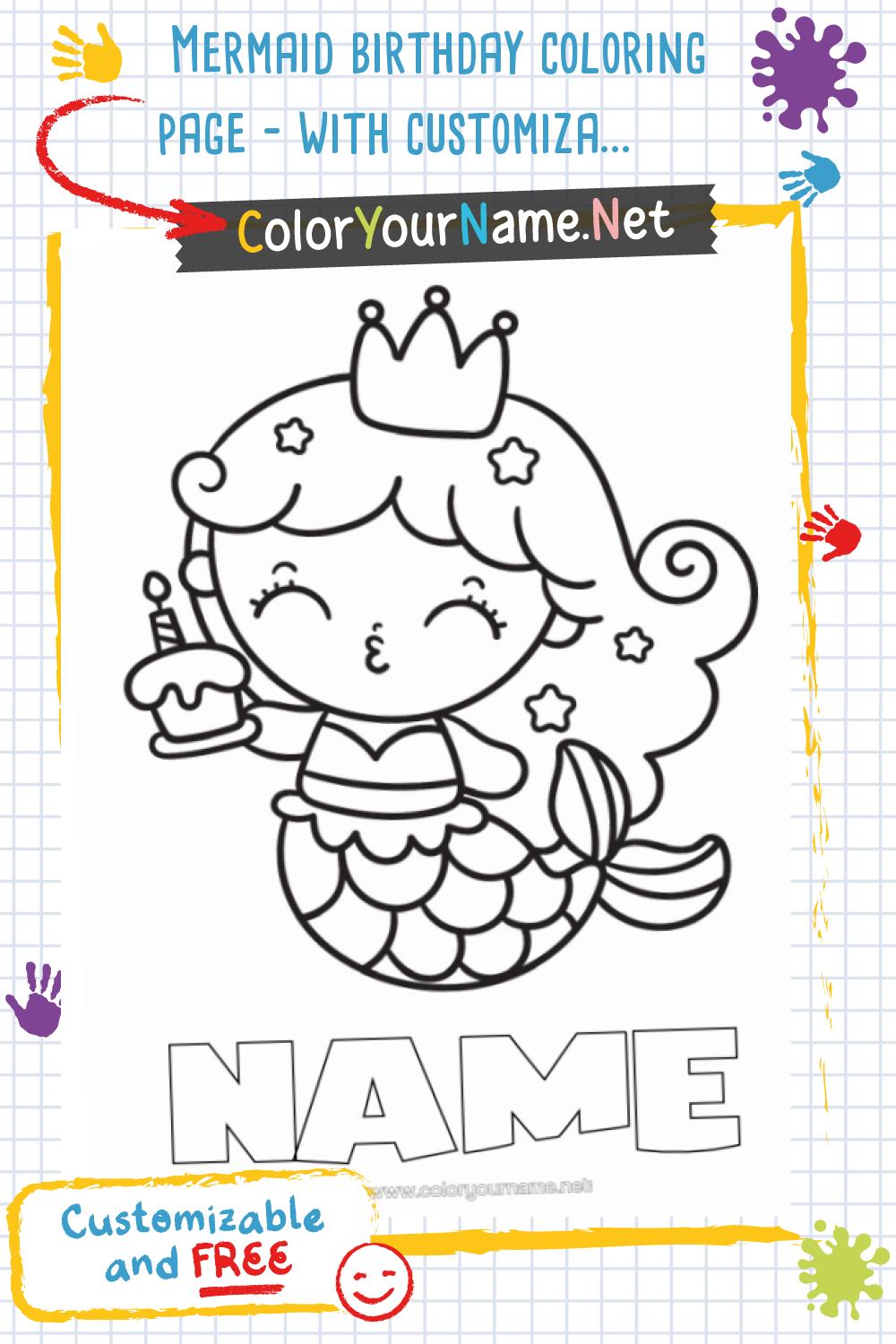 Mermaid birthday coloring page – with customizable name