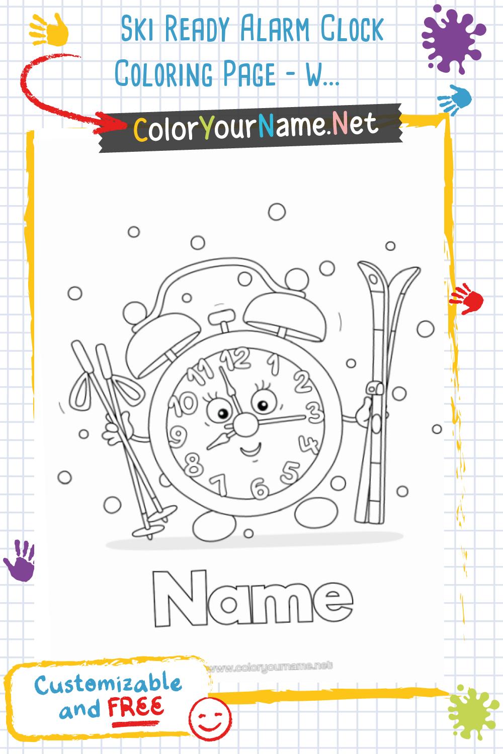 Ski Ready Alarm Clock Coloring Page – with customizable name