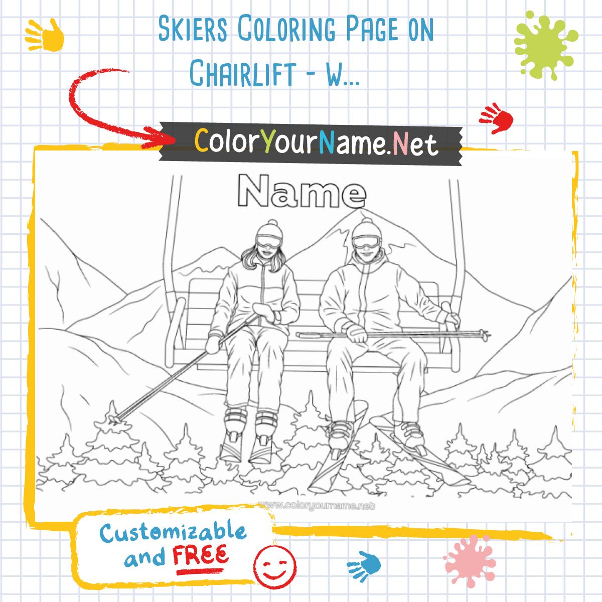 Skiers Coloring Page on Chairlift – with Customizable Name