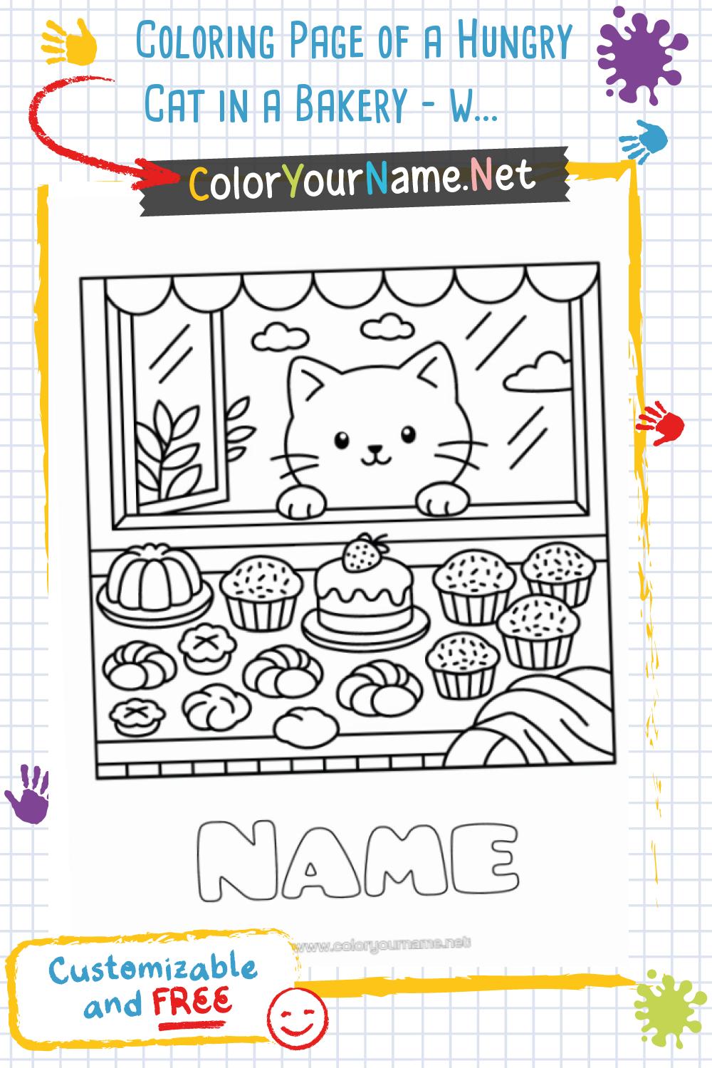 Coloring Page of a Hungry Cat in a Bakery – with customizable name