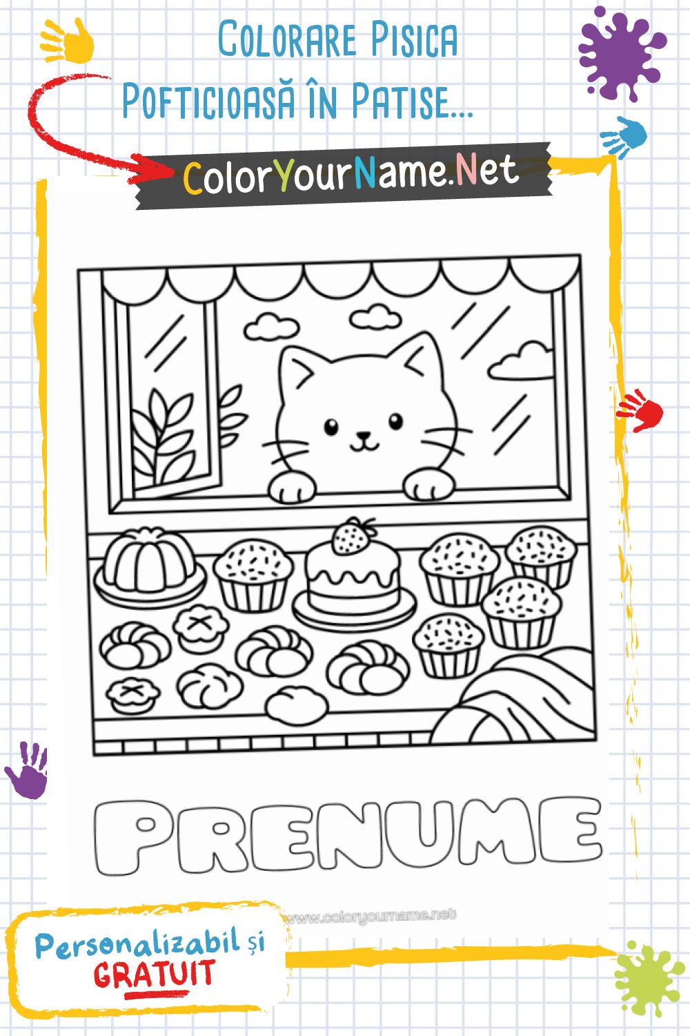 Colorare Pisica Pofticioasă în Patiserie – cu nume de personalizat